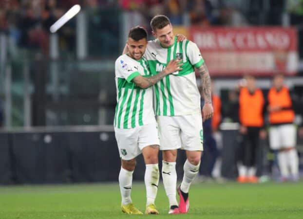 Sassuolo's Andrea Pinamonti celebrates goal versus Roma