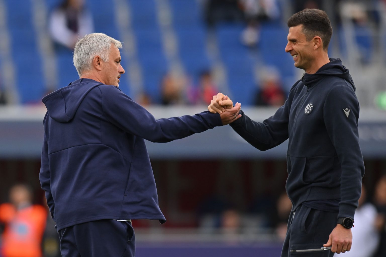Bologna boss Thiago Motta speaks before kick-off versus Roma