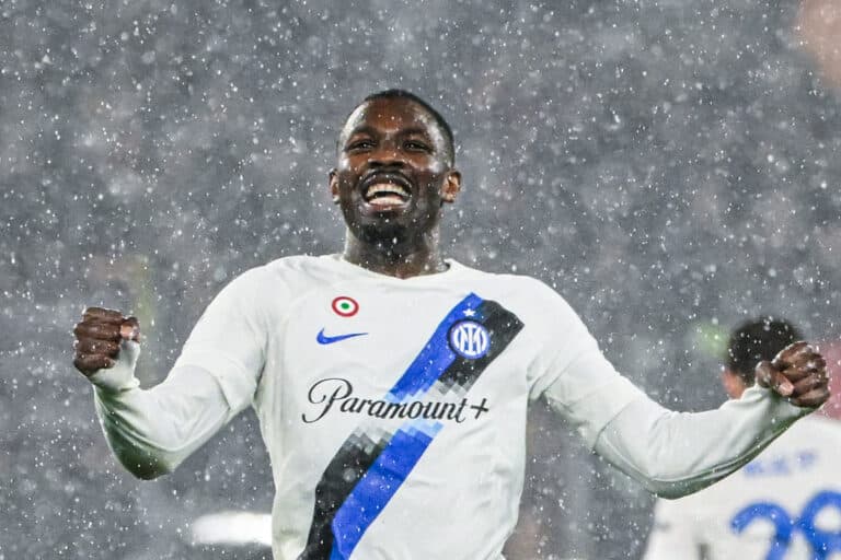 Inter's Marcus Thuram celebrates post-match victory over Roma